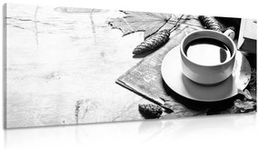 Obraz šálek kávy v podzimním nádechu v černobílém provedení - 100x50 cm