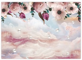 Skleněný obraz růžových květů s růžovým mramorem (70x50 cm)
