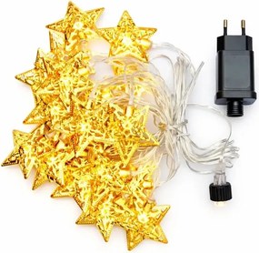LED světelný řetěz, kovové hvězdy, 7 m, vnitřní, teple bílá, 20 diod, čirý kabel, IP20, vč. zdroje