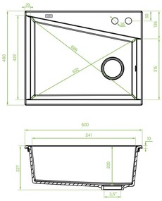 Laveo Grenada, 1-komorový granitový dřez 600x480x227 mm, béžová, LAV-SBG_410T