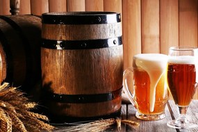 Obraz pivo s pivním soudkem - 90x60 cm
