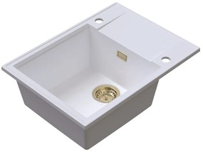 Sink Quality Sink55, kuchyňský granitový dřez 620x460x215 mm + zlatý sifon, bílá, SKQ-SINK.W.1KKO.XG