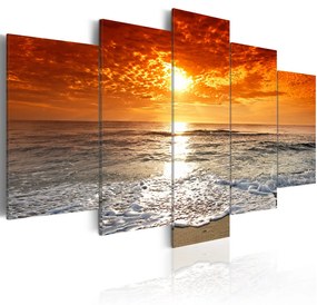 Obraz Ohnivý západ slunce (5-dílný) - klidné vlny moře u pláže