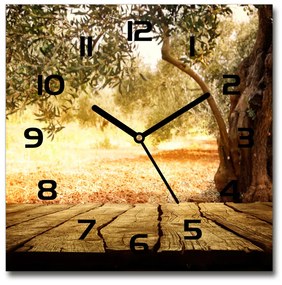 Wallmuralia Skleněné hodiny na stěnu Olivové dřebo 30x30 cm