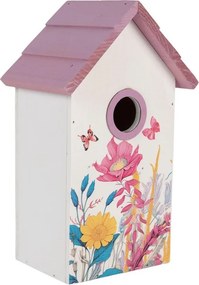 Bílo-fialová dřevěná ptačí budka s květy Birdhouse - 15*10*22 cm