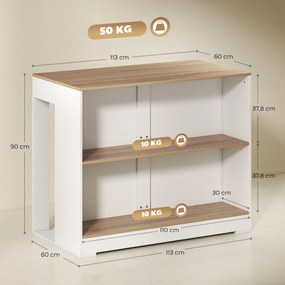 HOMCOM barový stůl, 3úrovňový vysoký stůl se 2 otevřenými přihrádkami, deska v designu přírodního dřeva 113 x 60 x 90 cm bílá