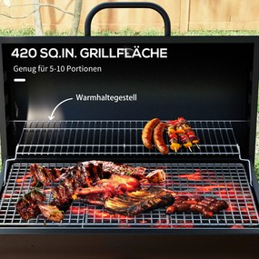 Kovový gril na dřevěné uhlí BBQ udírna s víkem Teploměr Kolečka Grilovací vozík 95x71,5x102 cm Černá barva