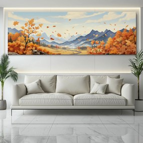 Obraz na plátně - Podzim s padajícím javorovým listím FeelHappy.cz Velikost obrazu: 210 x 70 cm