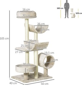 PawHut Kočičí strom, škrábací sloup, škrábací hračky, tunel, béžový L50 x Š40 x V105 cm