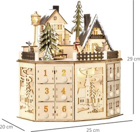 HOMCOM Adventní kalendář, box na adventní kalendář, vánoční dekorace, LED světla, 24 zásuvek, přírodní