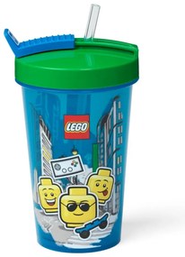 Modrý kelímek se zeleným víčkem a brčkem LEGO® Iconic, 500 ml