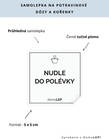 NUDLE DO POLÉVKY  – průhledná samolepka na dózu, tučné písmo, 5 x 5 cm | DomaLEP