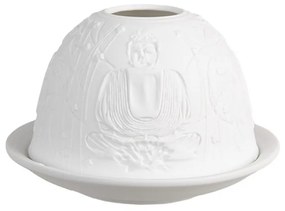 Bílý porcelánový svícen na čajovou svíčku Buddha a bambus – 12x8 cm