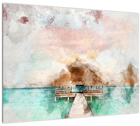 Skleněný obraz - Maledivy, dřevěné molo (70x50 cm)