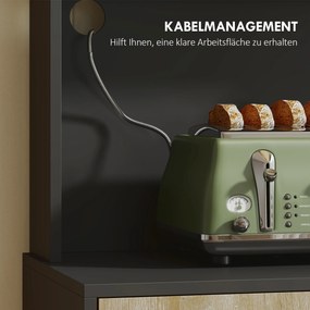 HOMCOM Kuchyňská skříňka s pracovní plochou a otvorem pro kabel, moderní kuchyňská komoda se zásuvkou, 3 otevřené regály, přírodní dřevo, černá