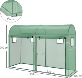 Fóliový skleník Outsunny Skleník na rajčata 300 x 100 x 200 cm se 4 okny a 2 dveřmi z PE plastu a oceli, ideální pro zahradu a zahradní centrum