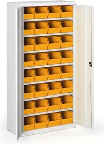 Skříň s plastovými boxy BASIC - 1800 x 400 x 920 mm, 32xC, šedá/šedé dveře