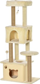 PawHut Velký Škrabací Strom pro Kočky 60x34x136 cm s Platformami, Hřejivými Jeskyněmi, Odnímatelnými Jutovými Sloupky a Visacím Míčkem Bežová