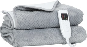 HOMCOM Elektrická deka 160x140 cm s 5 stupni vytápění a 2 dálkovými ovladači, z fleecu a polyesteru, šedá