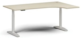 Výškově nastavitelný stůl OBOL, elektrický, 675-1325 mm, rohový pravý, deska 1800x1200 mm, bílá zaoblená podnož, bříza