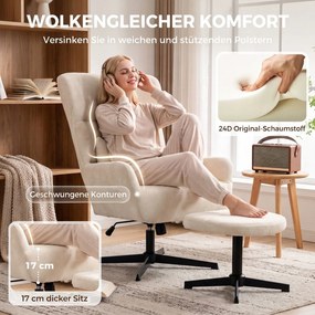 HOMCOM 360° otočné lounge křeslo s podnožkou, výškově nastavitelné, potah z chenille, s bederním polštářem, krémově bílé 83F-010V00CW
