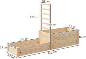 Outsunny Velký venkovní dřevěný květináč s mřížkou pro popínavé rostliny a 2 květinové boxy pro zahradu, terasu 222x63x132 cm Přírodní dřevo