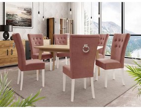 Rozkládací stůl 140x80 se 6 židlemi ST67, barva: natura, barva: bílá, Klepadlo: chrom, Potah: Magic Velvet 2217