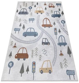 Dětský kusový koberec BONO 8436 Autíčka Uličky Stromy pratelný krémový světle šedý Rozměr: 160x220 cm