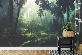 Fototapeta Dark Rainforest, Sun Rays Through The Trees, Rich Jungle Greenery. Atmospheric Fantasy Forest. 3D . Hladký vinyl 450x300