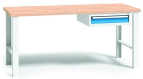 Výškově nastavitelný pracovní stůl do dílny WL se závěsným boxem na nářadí, buková spárovka, 1 zásuvka, 1500 x 685 x 840 - 1050 mm