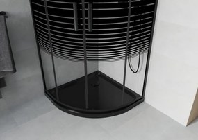 Mexen Rio, čtvrtkruhový sprchový kout s posuvnými dveřmi 80 (dveře) x 80 (dveře) x 190 cm, 5mm čiré sklo s pásky, černý profil + černá sprchová vanička SLIM, 863-080-080-70-20-4170B
