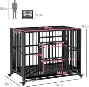 PawHut klec pro psy box pro psy s dvojitými dvířky bouda pro psy, kolečka, psí bouda, ocel, černá, 94 x 58 x 78 cm | Aosom