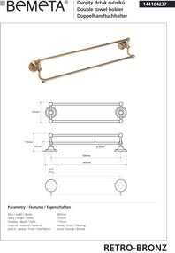 Bemeta Design RETRO bronz: Držák ručníků, 600 mm, dvojitý -
