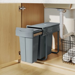HOMCOM Vysunovací odpadkový koš, kuchyňský koš s 2 vyjímatelnými nádobami, rukojeť, 30 litrů (20 L + 10 L), kov, šedá