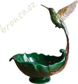 Dekorativní porcelánová mísa s kolibříkem – zelená luxusní mísa s bronzovým detailem