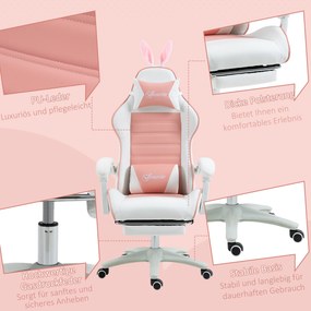 Ergonomická herní židle Vinsetto s bederní podporou, podnožkou a ušima králíčka, polštářkem na hlavu, kancelářská židle s nastavitelnou opěrkou zad R…