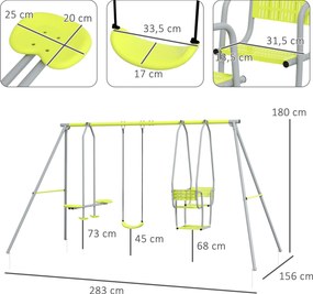 Outsunny 3-v-1 Dětské houpačky s 1 standardní sedačkou a 3 houpačkami, kovový rám, maximální zatížení 225 kg, venkovní herní plocha, zelená
