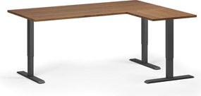 Rohový výškově nastavitelný stůl, 180x140 cm, 3 motory, L/P, černá podnož, ořech