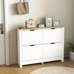 HOMCOM úzký botník s 4 výklopnými přihrádkami – úsporný regál na boty až pro 16 párů, 105 × 26 × 80 cm (bílá / přírodní)