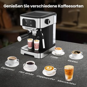 Costway Espresso kávovar 20 Bar 1200 W Espressovač s parním napěňovačem mléka 18