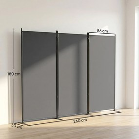 Outsunny 3dílný skládací paraván 260 x 180 cm, kovový rám, ochrana UPF 30+, do interiéru i exteriéru (zahrada, terasa), tmavě šedý