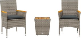 3dílný bistro set s poduškami šedý polyratan a sklo 3278746
