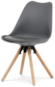 AUTRONIC Jídelní židle, šedá plastová skořepina, sedák ekokůže, nohy masiv přírodní buk