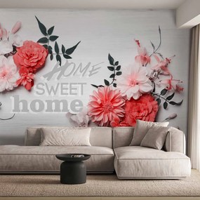 Fototapeta Romantický dům - červené květiny s nápisem na pozadí s texturou dřeva