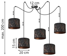 Závěsné svítidlo WERONA SPIDER, 5x černé textilní stínítko se vzorem, C