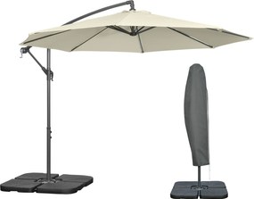 Offset slunečník Outsunny Ø3x2,5 m s křížovou základnou, zatížením a klikou, kovový a polyesterový slunečník 180 g/㎡ s 6 žebry, UV ochrana, béžový | A