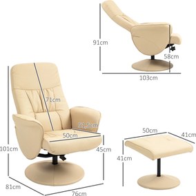 HOMCOM Relaxace Křeslo s Podnožkou - Otáčecí Křeslo 360° s Polohovatelným Opěradlem pro TV, Nosnost do 120 kg, Syntetický Potah, Béžové