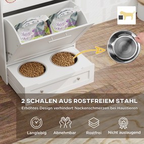 PawHut Krmná stanice pro domácí zvířata, úložná skříňka na potřeby pro domácí mazlíčky, s miskami na krmivo, háčky na vodítka, MDF, bílá