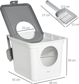 Podnos PawHut s víkem Podnos s lopatkou, do 5 kg, vnitřní, plast, šedý+bílý, 44x55x39cm| Aosom