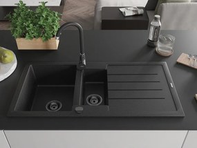 Mexen Andres, granitový dřez 1000x500x200 mm, 1,5-komorový, černá-stříbrná metalíza s černým sifonem, 6515101510-73-B